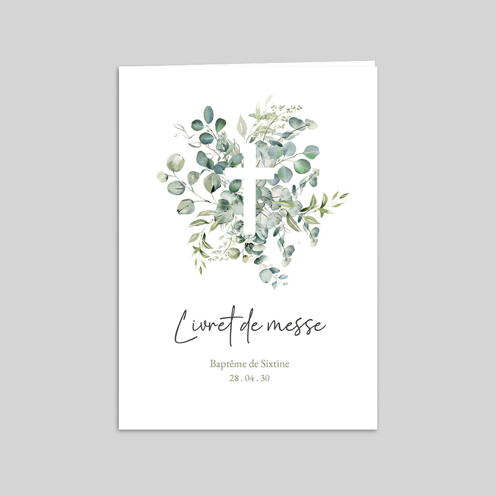 Livret de bapteme Croix et Eucalyptus — Planet Cards
